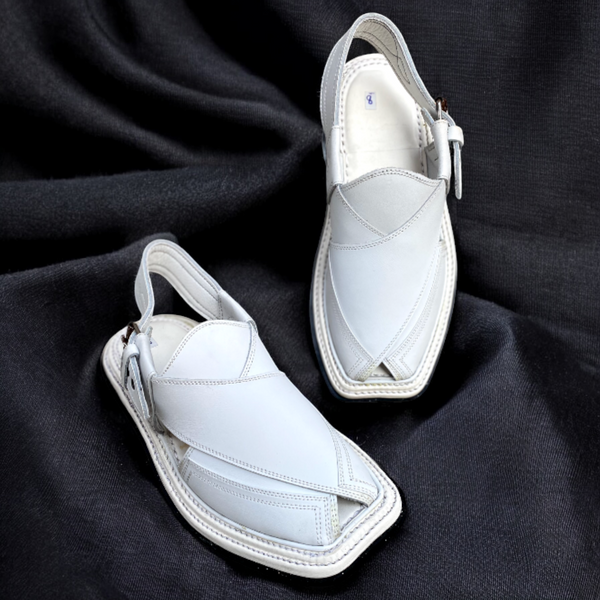 Double Sole Takidar Chappal White - Pure Leather Handmade Peshawari ch ...